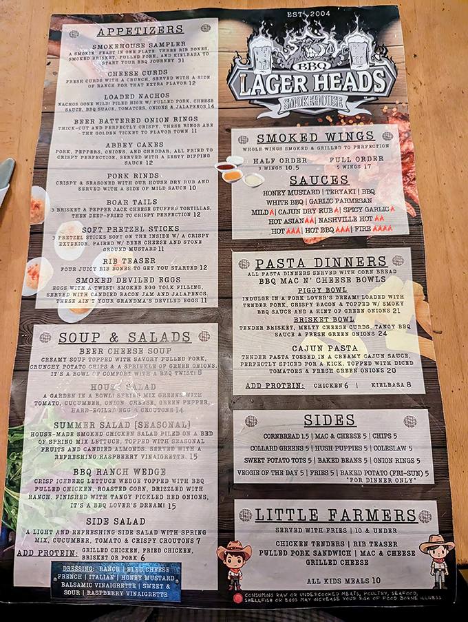 This menu isn't just a list&mdash;it's a roadmap to happiness with temptations like Smokehouse Samplers and Abbey Cakes calling your name.