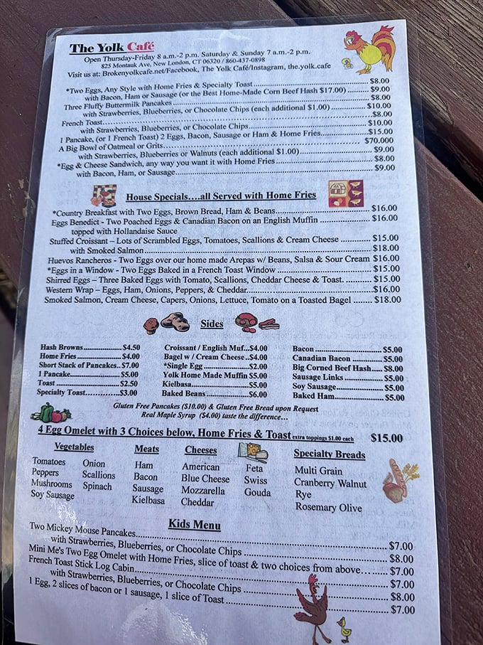 Decisions, decisions! The menu board reads like a breakfast lover's wish list, with everything from French toast masterpieces to eggs done exactly your way.