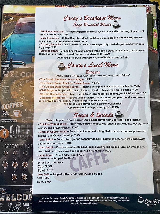 Decisions, decisions! Candy's menu reads like a love letter to American breakfast classics, with Benedicts that would make even the most committed dieter weaken.