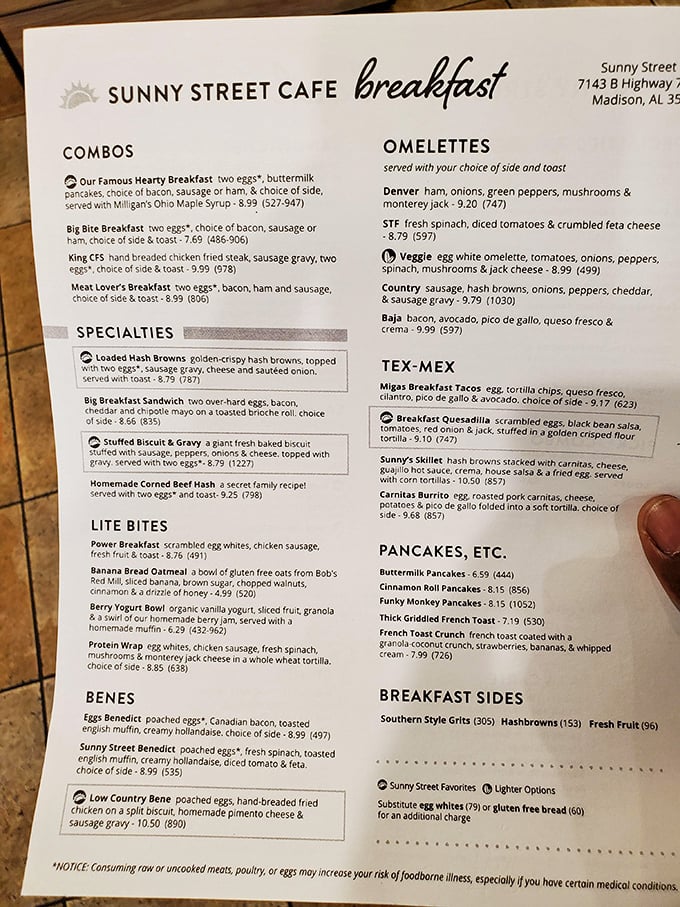 This menu isn't just a list of options&mdash;it's a roadmap to breakfast bliss. Study it like you're planning a delicious expedition.