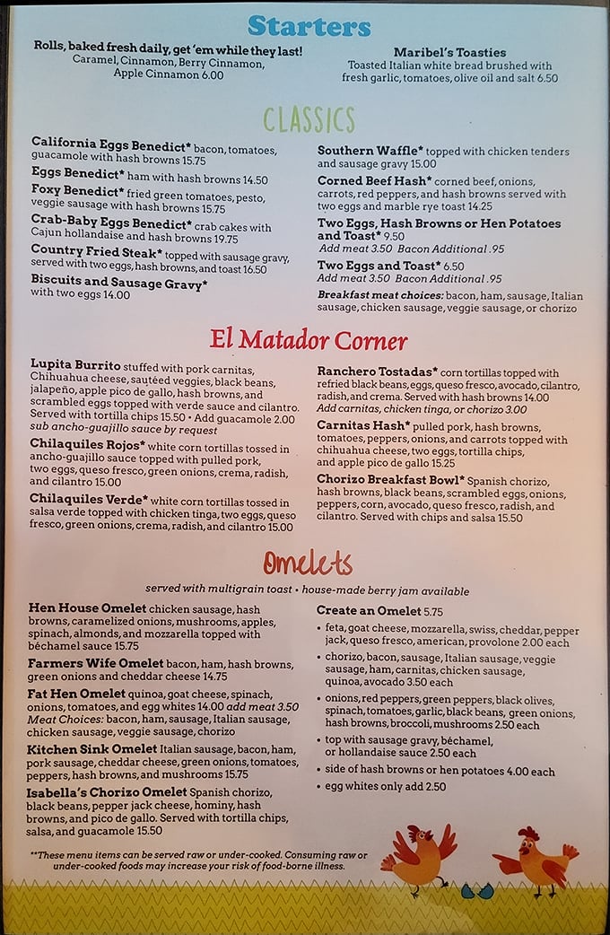 This menu reads like a love letter to morning meals. The El Matador Corner alone could solve any case of the Monday blues.