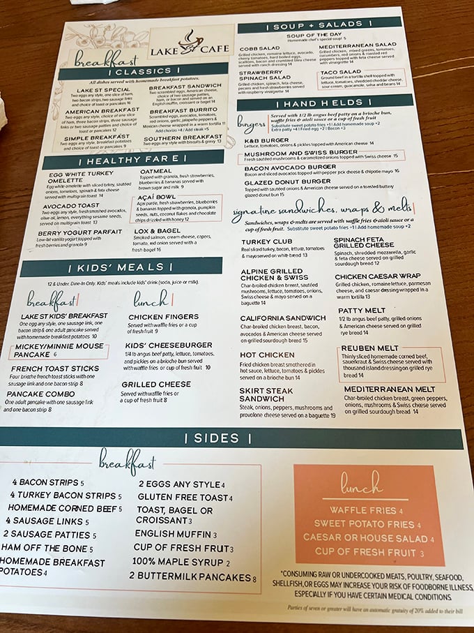 A menu that reads like a love letter to breakfast classics, where the French toast section beckons with promises of morning bliss.