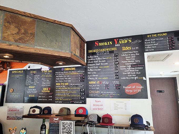 A chalkboard menu that reads like poetry to hungry souls. Each item promises a different path to smoked meat nirvana.