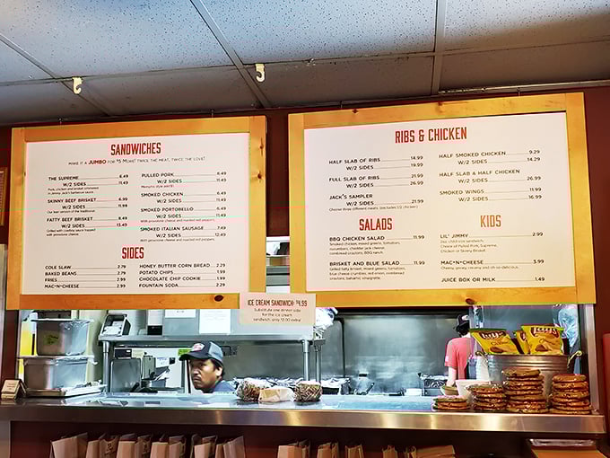 The menu board tells a simple truth: in a world of complicated choices, sometimes all you need is meat, sides, and the promise of satisfaction.