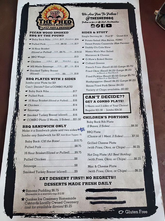 A menu that reads like poetry to barbecue lovers. Notice that "Eat Dessert First!" advice? That's not just permission&mdash;it's wisdom.