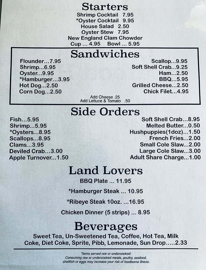 This menu isn't trying to impress with fancy typography&mdash;it's letting the legendary Calabash seafood speak for itself.