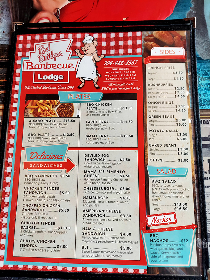 This menu is basically a sacred text in North Carolina barbecue circles. The cartoon chef has been guiding hungry diners to barbecue bliss for decades.