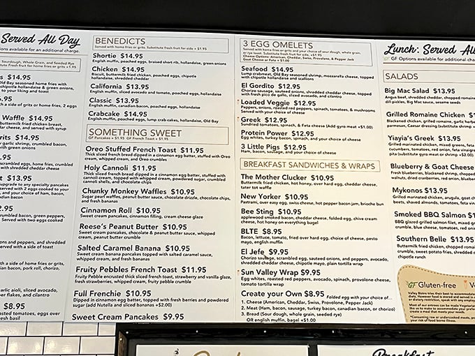 A menu that requires strategic planning – like chess, but the reward is French toast instead of checkmate.