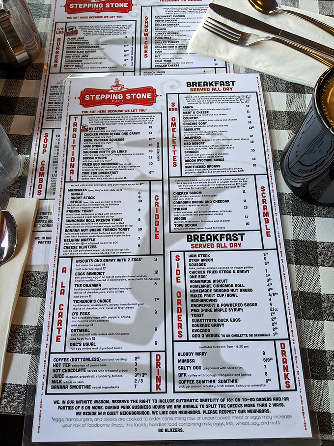 A menu that doesn't mince words: "You eat here because we let you." The breakfast manifesto of champions awaits your selection.