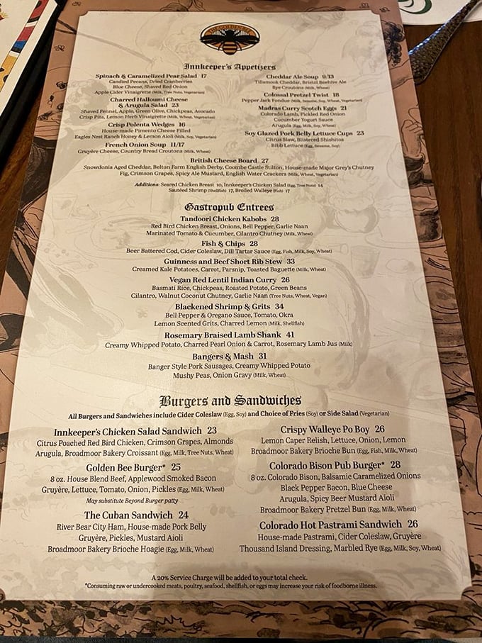 The menu reads like a love letter to British pub classics, with Colorado accents that would make even the Queen consider relocating.