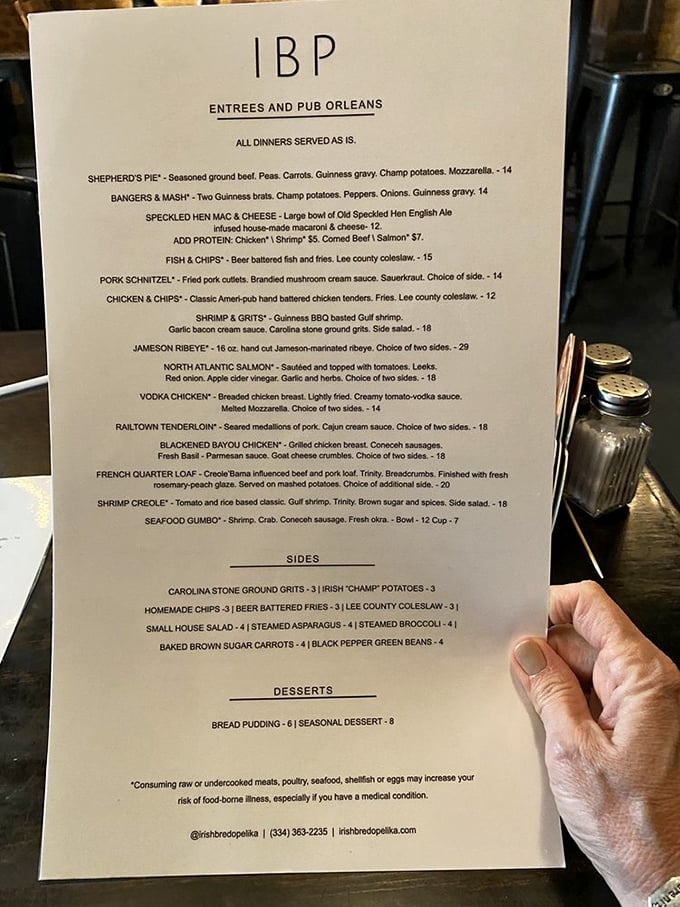 A menu that reads like a love letter to Irish-Southern fusion. The shepherd's pie description alone might be the most compelling short story you'll read today.