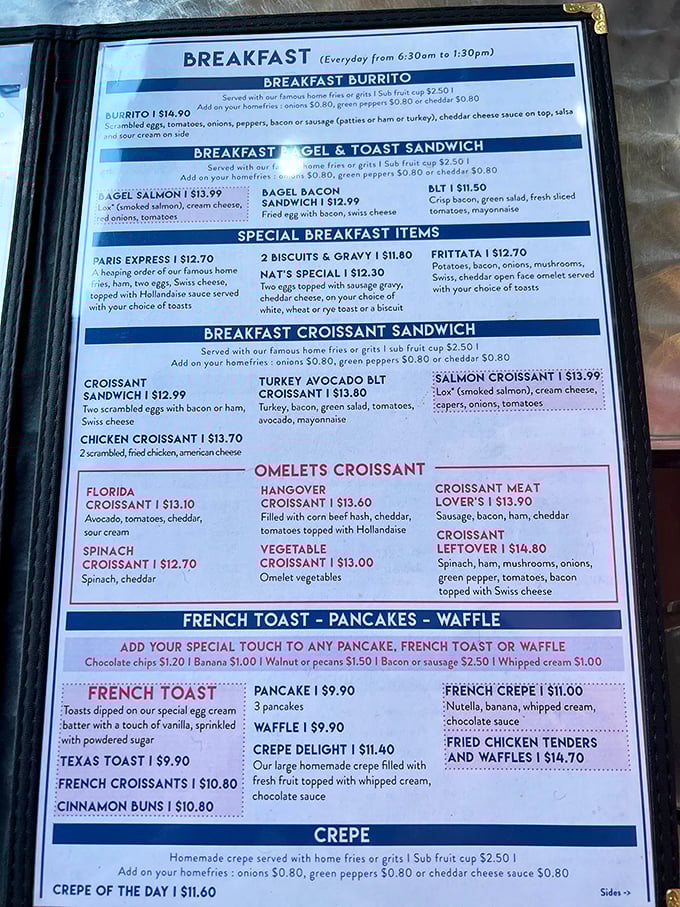 The menu reads like a love letter to breakfast, with French toast and croissant creations taking center stage in this culinary romance.