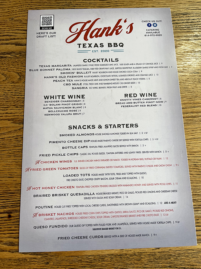 This menu reads like a love letter to Texas traditions with Ohio flair. The braised brisket quesadilla alone is worth the drive.