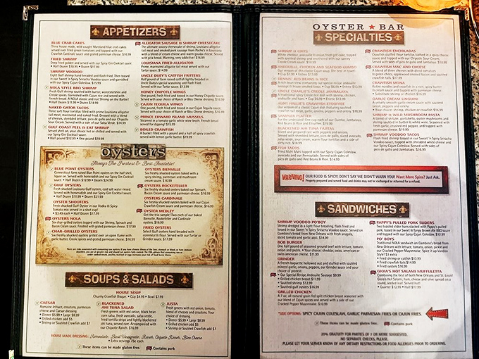 The menu reads like a love letter to New Orleans cuisine, with options that will have you planning your next visit before finishing your first bite.