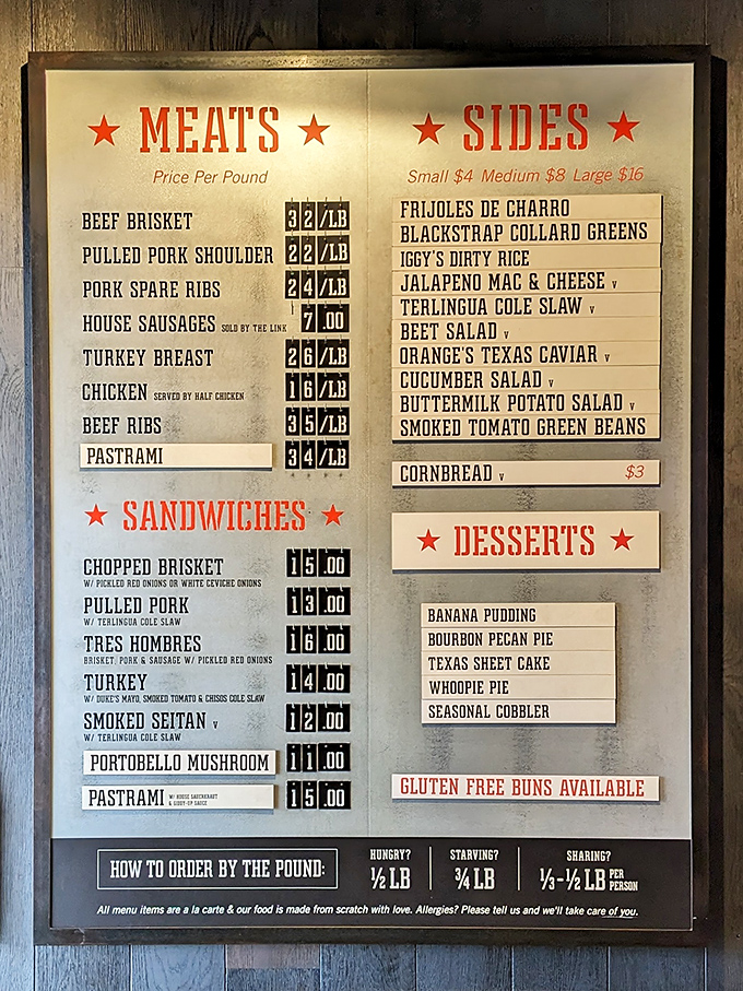 This menu isn't just a list&mdash;it's a roadmap to happiness. The "How to Order" guide at the bottom is like barbecue training wheels for newcomers.