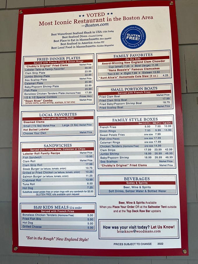 A menu that reads like a love letter to seafood. "Chubby's Original Fried Clams" isn't just a dish&mdash;it's a Massachusetts legacy.