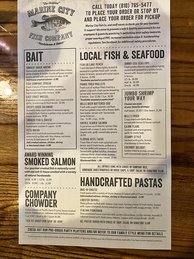 This menu isn't just a list—it's a treasure map to seafood nirvana. The "Company Chowder" description alone is enough to make you set sail.