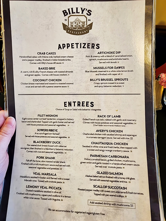 This menu isn't just a list&mdash;it's a roadmap to happiness. The Sowers Ribeye sits proudly among sophisticated options that would impress even the most discerning Nebraska palate.