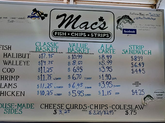 A menu board that reads like poetry to seafood lovers. Notice how "WALLEYE" gets top billing&mdash;we're definitely in Minnesota!