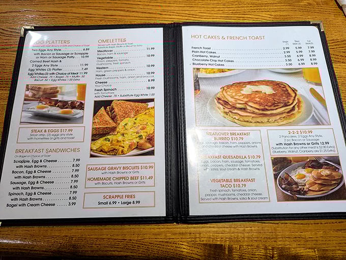 A menu that reads like comfort food poetry. Each breakfast option promises the kind of morning that makes you forget yesterday's troubles.