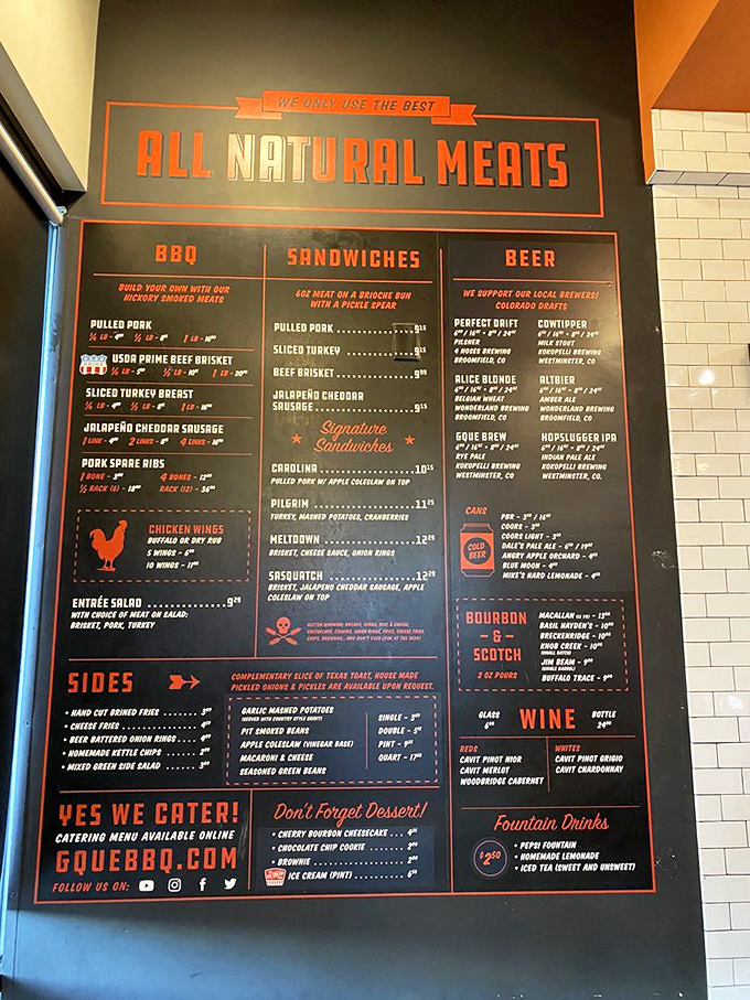 The menu board at GQue doesn't just list food&mdash;it maps out your journey to meat nirvana. Choose your own adventure, but there are no wrong turns here.
