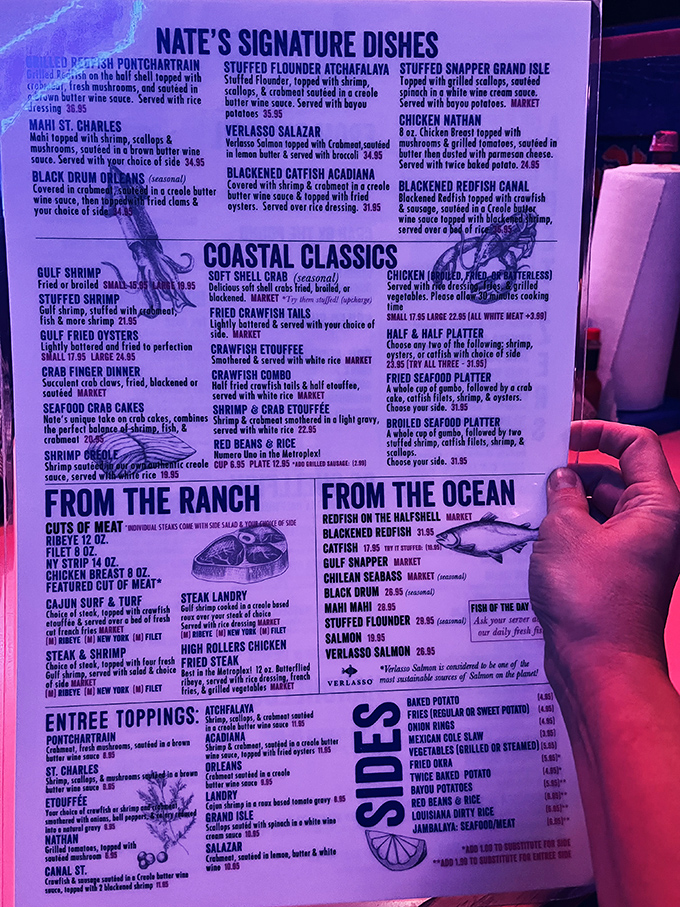This menu isn't just a list&mdash;it's a treasure map. "Coastal Classics" and "From the Ocean" sections promise maritime delights worth navigating.