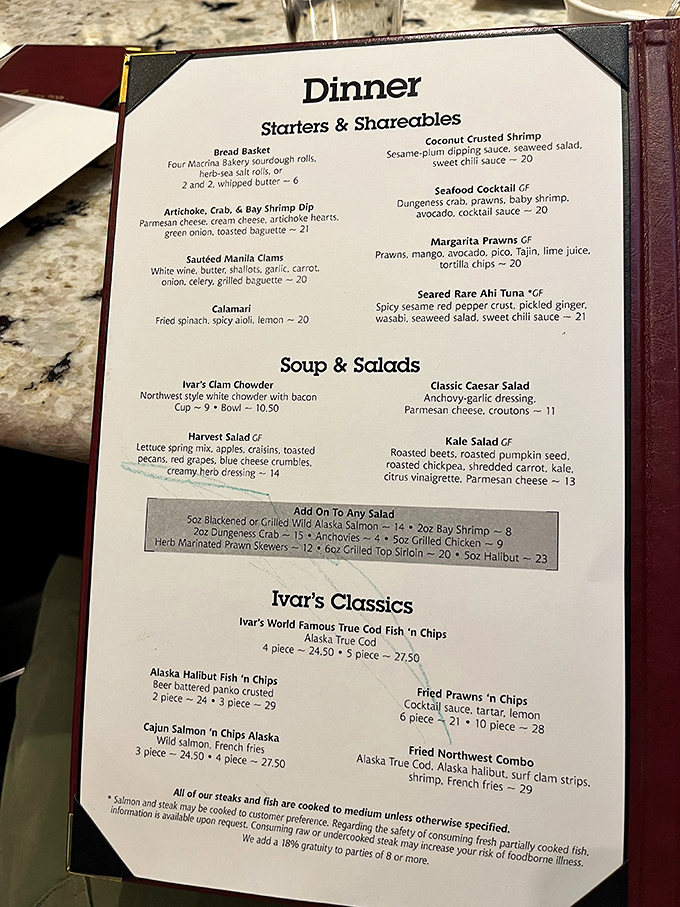 Not just a menu—a maritime treasure map where X marks the spot for clam chowder glory and seafood nirvana.