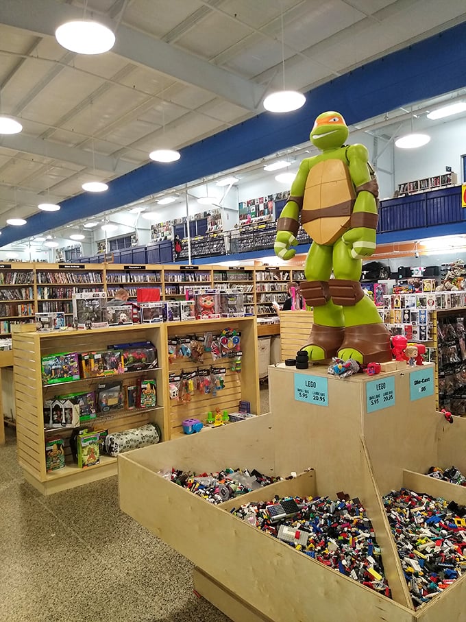 The checkout area buzzes with anticipation as treasure hunters prepare to take home their literary and media finds. 