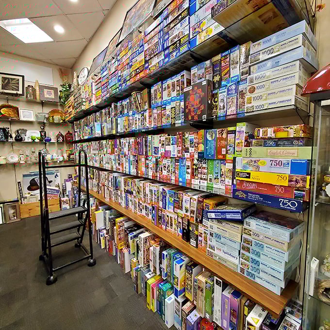 Puzzle heaven! Every box contains someone else's completed masterpiece, disassembled just for you. The rolling ladder suggests treasures requiring vertical exploration.