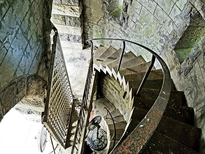 This spiral staircase could tell a thousand stories. Each worn stone step represents a piece of history winding its way through the castle's heart.