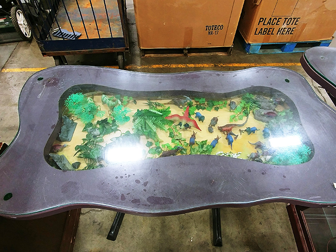 Someone's dining room centerpiece awaits its second act. This unique coffee table with embedded dinosaurs proves one person's "what were they thinking" is another's conversation starter.