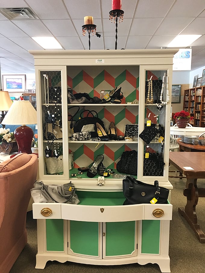 This repurposed vintage cabinet showcases accessories with flair&mdash;geometric backdrops turning everyday handbags and jewelry into gallery-worthy displays.
