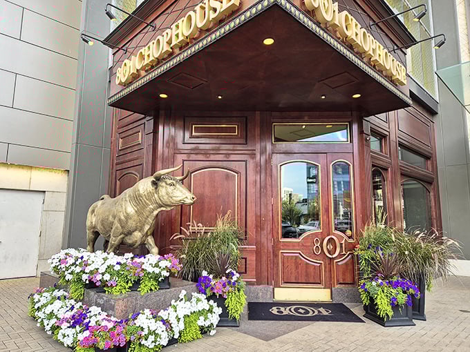 801 Chophouse (entrance with bull): "That bull isn't just decoration&mdash;he's the bouncer, making sure only serious steak enthusiasts enter this temple of beef."