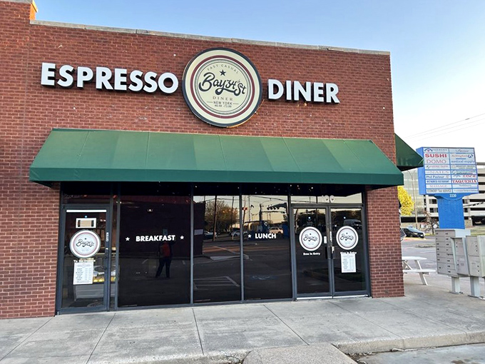 Bay34th Street Diner's brick facade and green awning create that classic "come on in" vibe. Breakfast and espresso - the perfect morning duo!