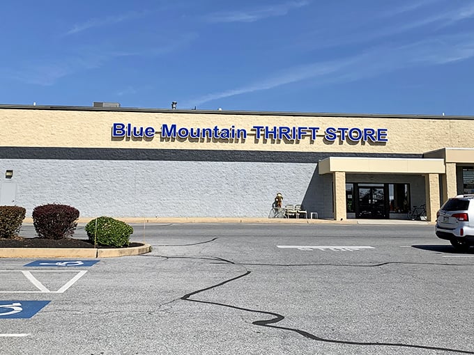 "Bargain central with a mission! Blue Mountain Thrift Store's impressive exterior hints at the treasures waiting inside." 