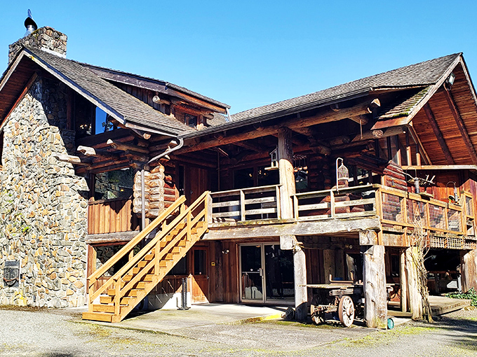 Camp 18's rustic timber lodge stands proud against the Oregon sky &ndash; Paul Bunyan would feel right at home. 