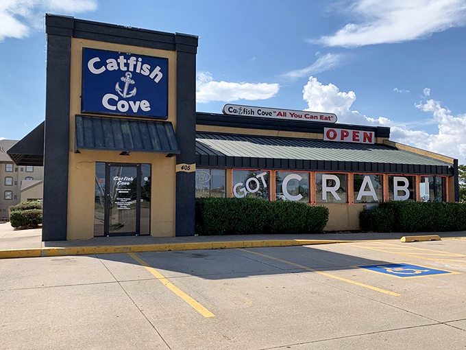 Catfish Cove's bold "GOT CRAB" window display is like a Vegas sign for seafood lovers&mdash;impossible to resist!