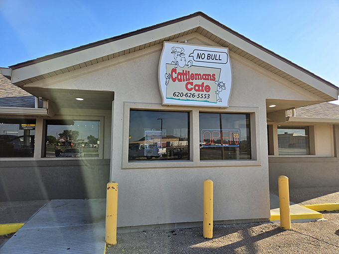 "No Bull" proclaims the Cattleman's sign, though the irony is their business is entirely about the bull&mdash;served medium rare!