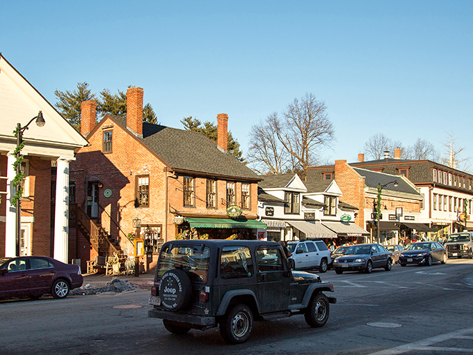 Stroll through historic Concord, where you can admire classic brick architecture and charming local storefronts under a clear, sunny sky.