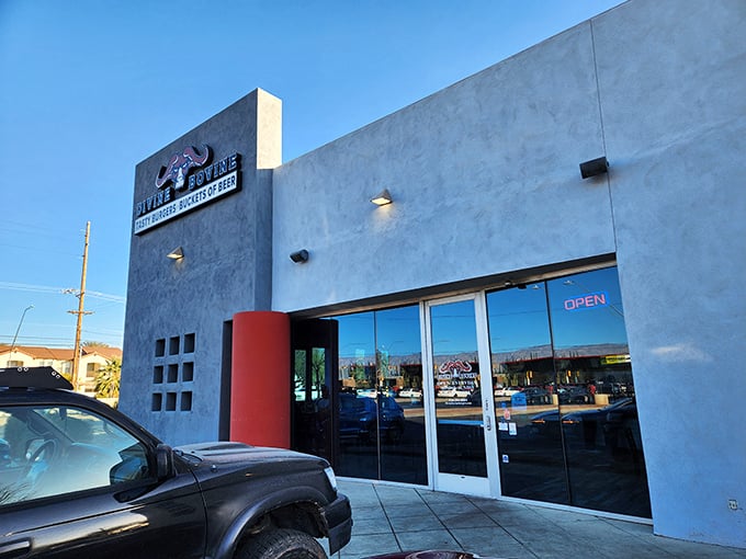 Divine Bovine's sleek exterior hides burger greatness within. Modern design meets classic comfort in this Tucson treasure.