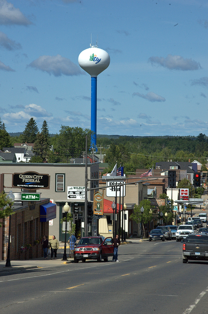 Ely's water tower stands sentinel over a town where wilderness and community blend seamlessly at Minnesota's northern edge.