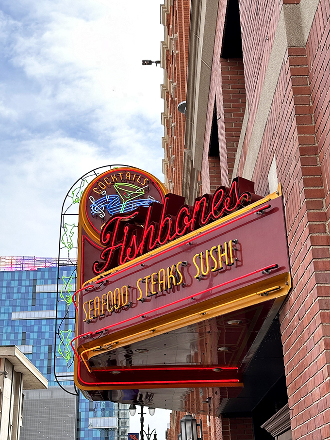 Fishbone's bold sign stands as Greektown's siren call to seafood lovers seeking Cajun spice in the heart of Detroit.