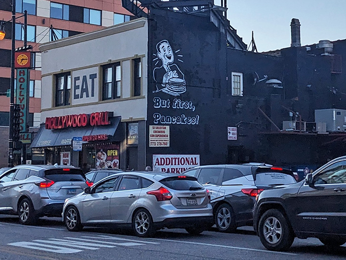 "But first, Pancakes!" The mural says it all—Hollywood Grill knows breakfast is the real star of this show.