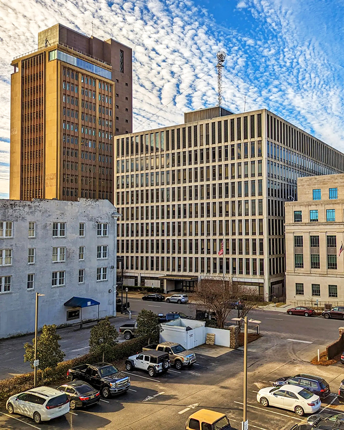 Mobile's downtown buildings gleam in the sunlight, showcasing the architectural diversity of this historic port city.