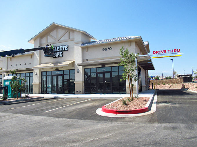 Omelette Cafe's clean lines and drive-thru option – because sometimes you need your egg masterpiece on the go.