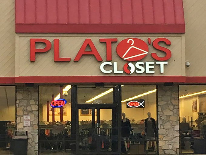 Plato's Closet announces itself with that distinctive red signage&mdash;like a beacon to budget-conscious fashionistas hoping to look like a million bucks for twenty.