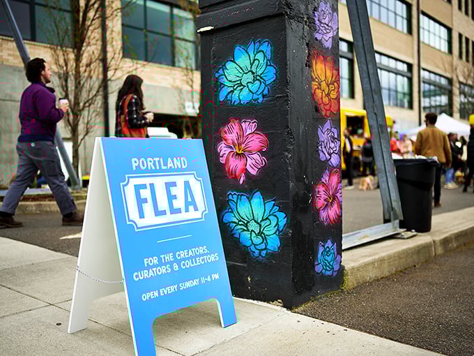 Portland Flea's artistic touch extends even to their signage. Where hipsters and grandparents unite in the quest for cool finds!