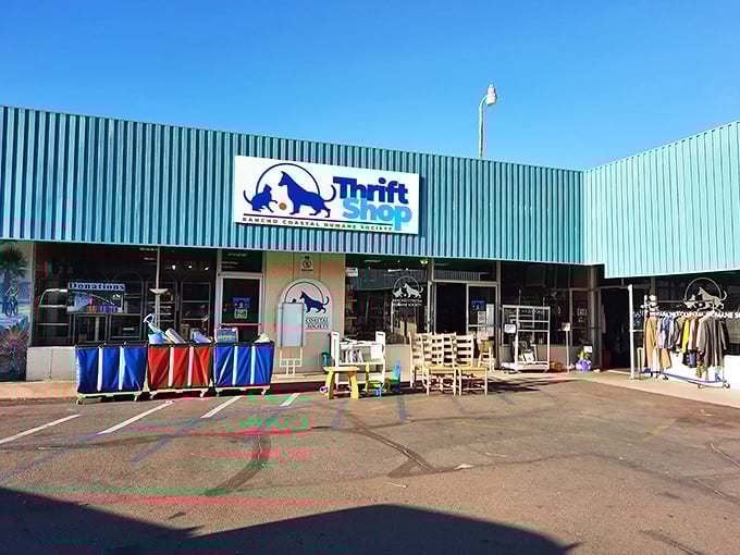 Blue as the nearby Pacific, this Rancho Coastal Humane Society Thrift Shop houses coastal treasures while helping furry friends find homes.