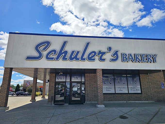 Schuler's Bakery announces its mission with no-nonsense clarity. When a sign simply says "DONUTS," you know they mean business.