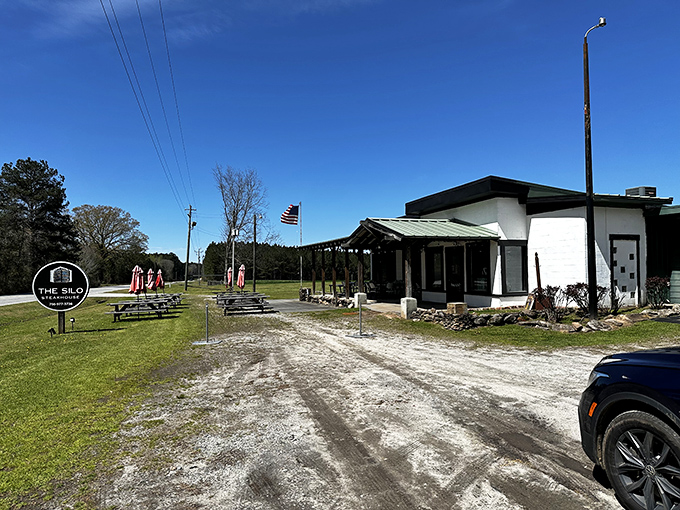 The Silo's rustic charm stands proudly against Georgia's blue sky - a beacon for hungry travelers seeking beef nirvana.